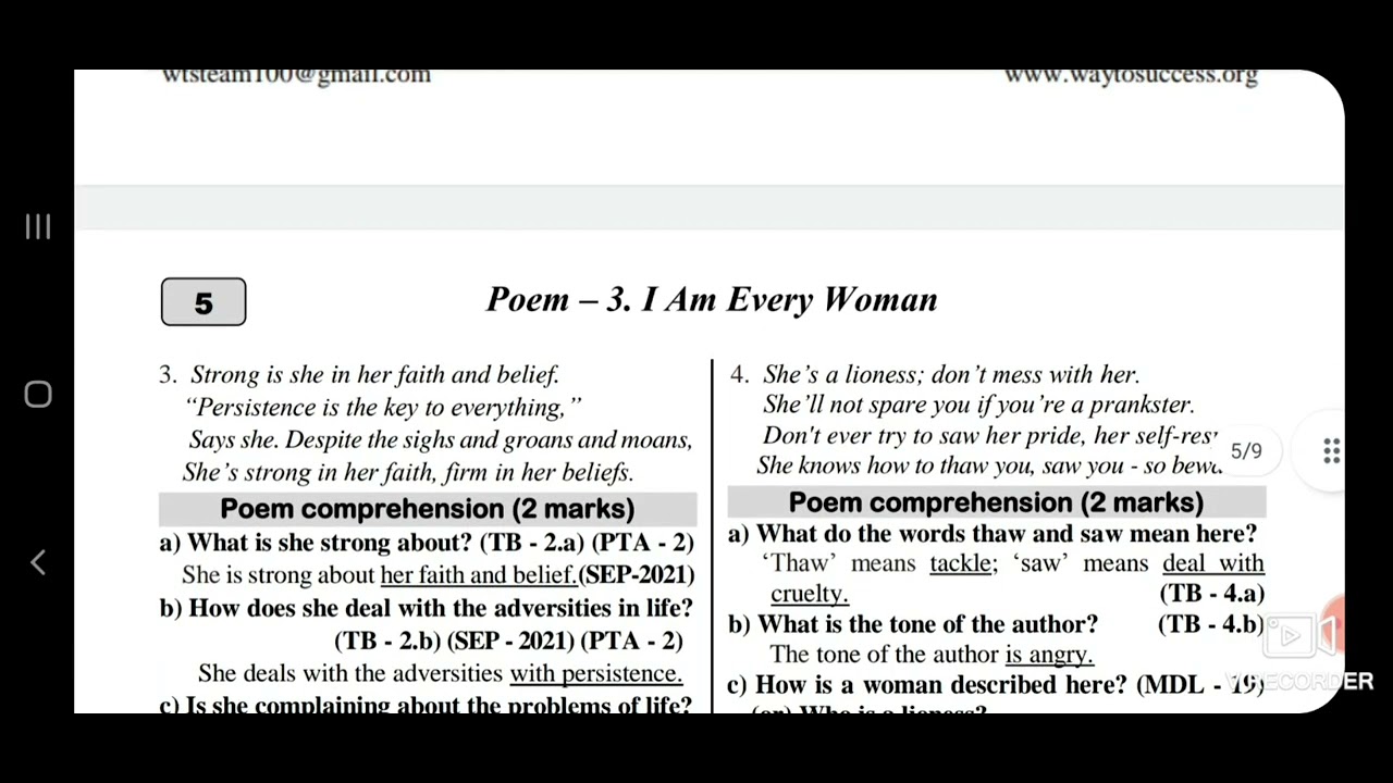 10th English- I Am Every Women poem Comprehension,literary Appreciation ...