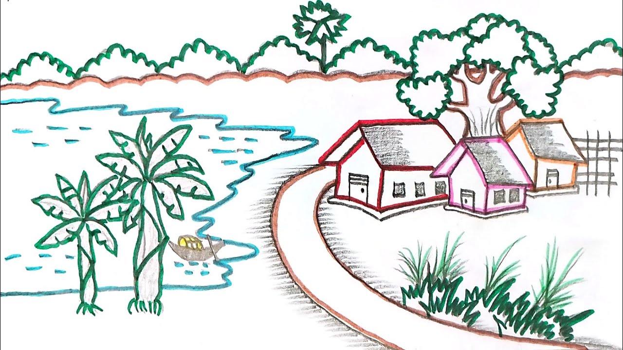 Drawing with nature | Village theme drawing | Gramer Drisso drawing ...