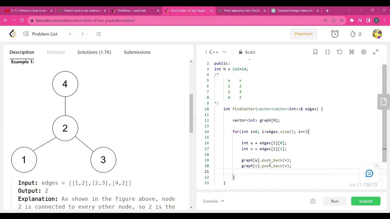 Find Center Of Star Graph Leetcode Graph Youtube 1148
