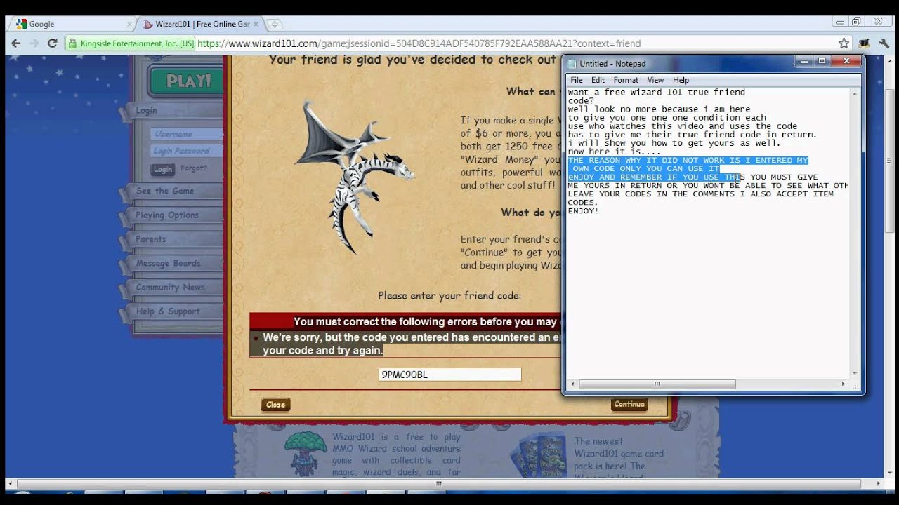 FREE TRUE FRIEND CODE FOR WIZARD 101 - YouTube