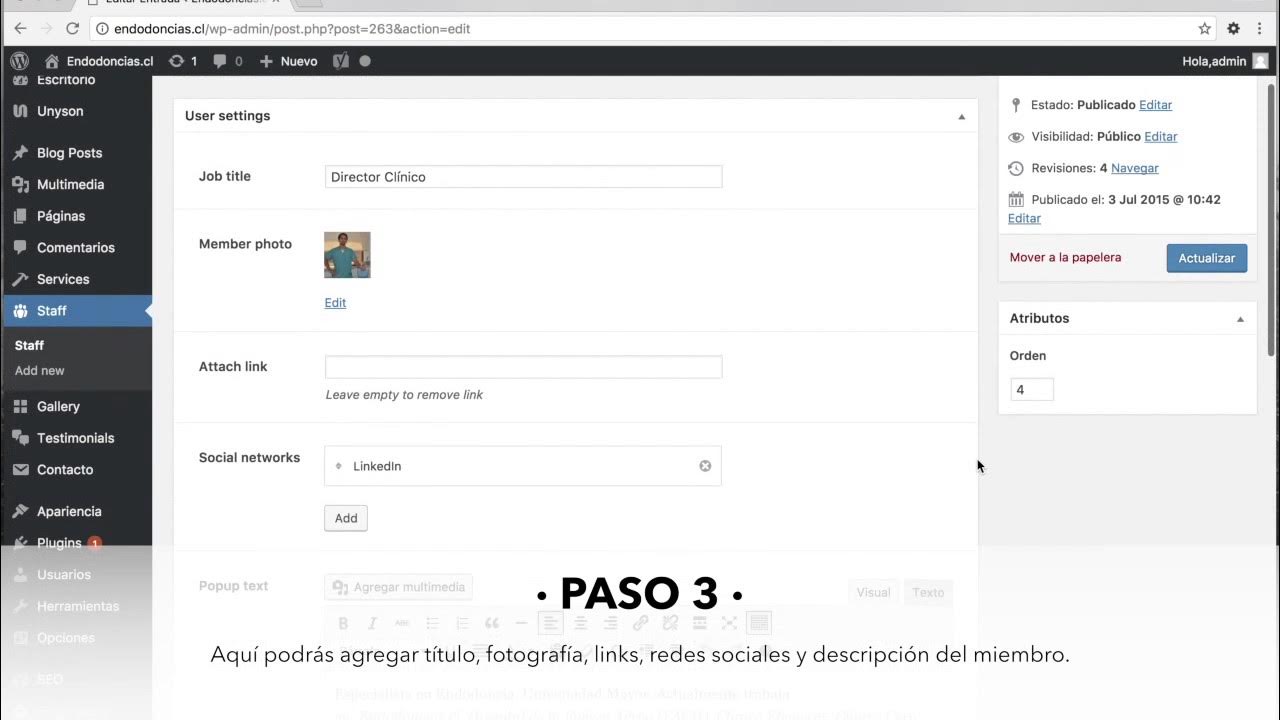 Cómo modificar Staff (Unyson WP Theme) - YouTube