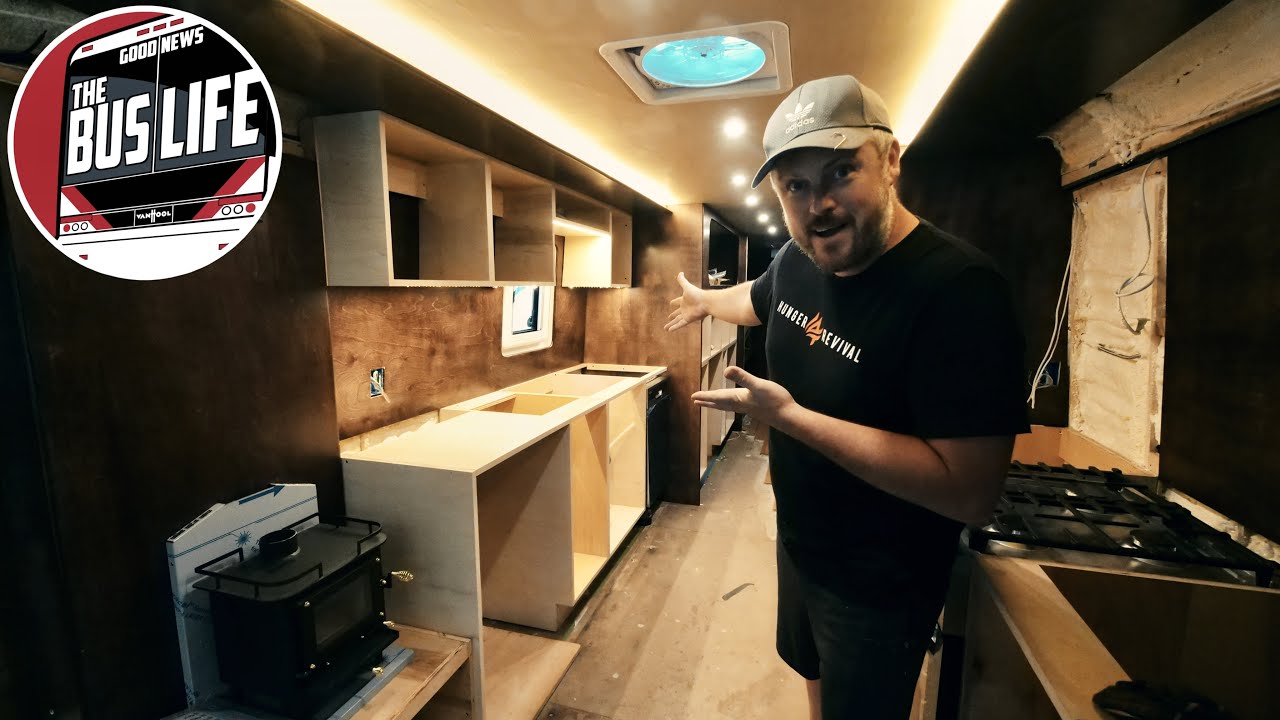 Installing Upper and Lower Kitchen Cabinets in our Bus Conversion ...