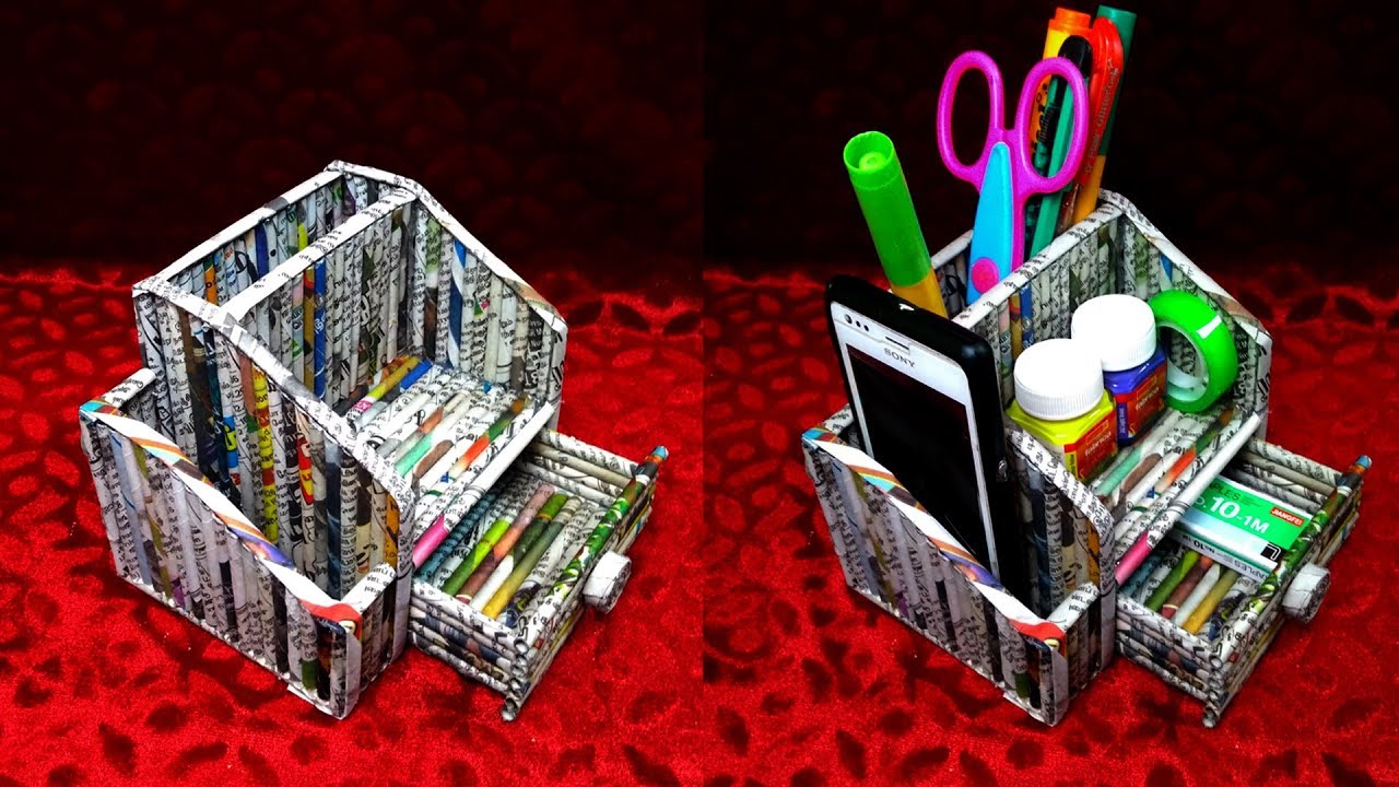 Newspaper reuse | art and craft | Making Desk Organizer using Newspaper ...