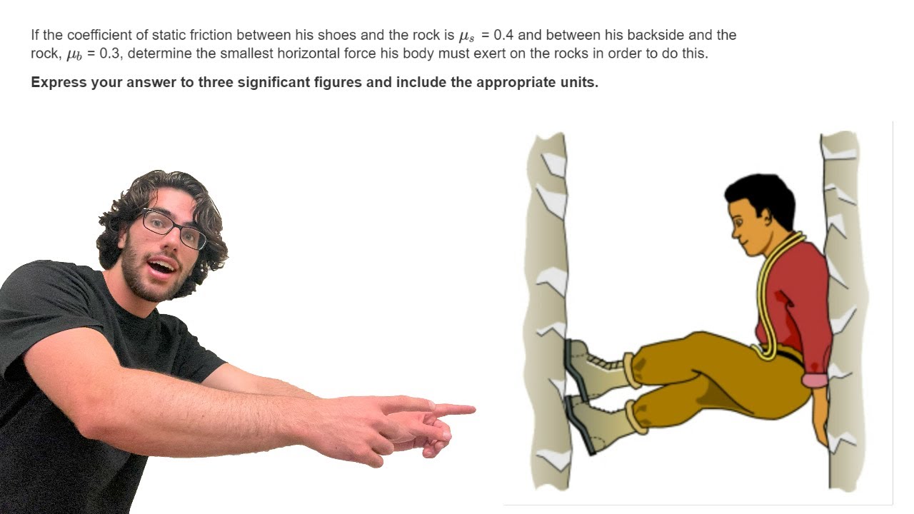The man has a mass of 40 kg. He plans to scale the vertical crevice ...