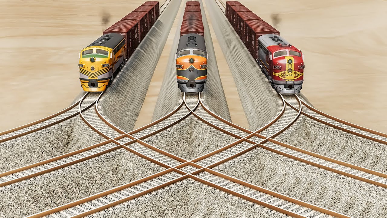 Impossible Three Trains Crossing Diverging Rail Tracks - BeamNG.Drive ...