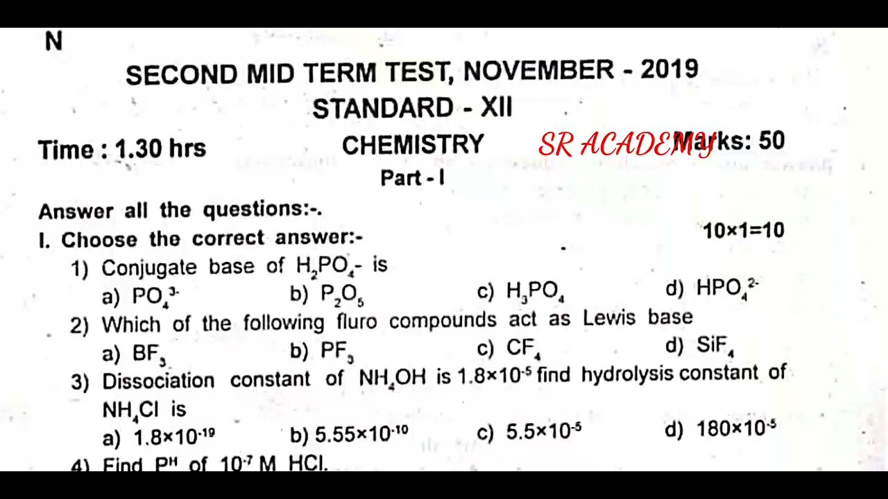 12th chemistry second midterm test question paper 2019 Namakkal ...