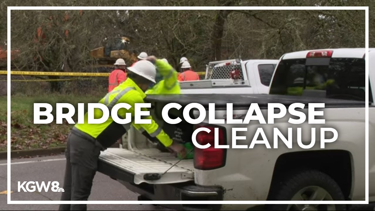 Cleanup underway following bridge collapse in Corvallis - YouTube