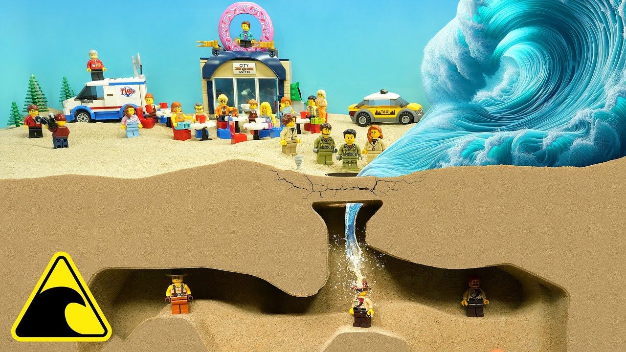 Cave Flood Causes Lego City Cafe to Sink - Tsunami Water Dam Breach ...