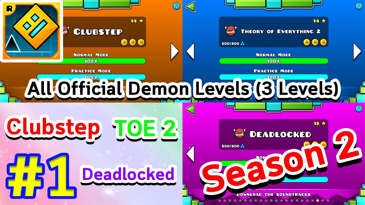 Geometry Dash #1 : All Official Demon Levels | Clubstep , TOE 2 ...