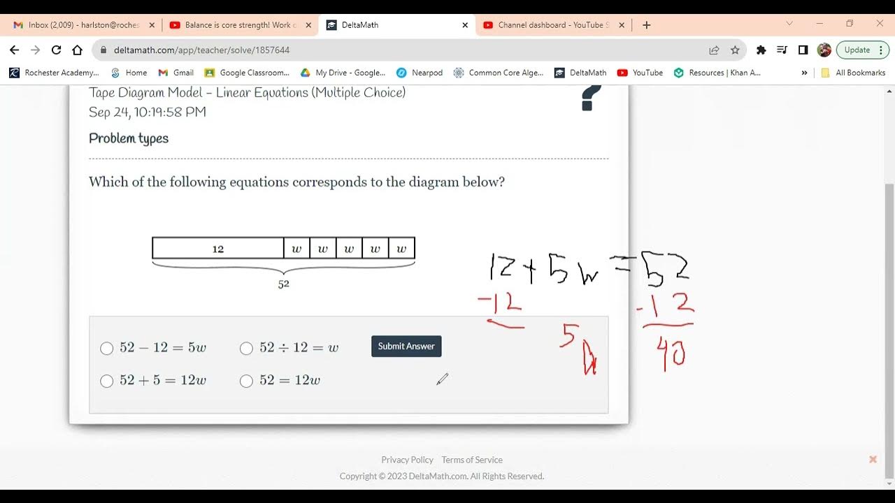 Tape Diagram Model - Linear Equations (Multiple Choice) Delta Math ...
