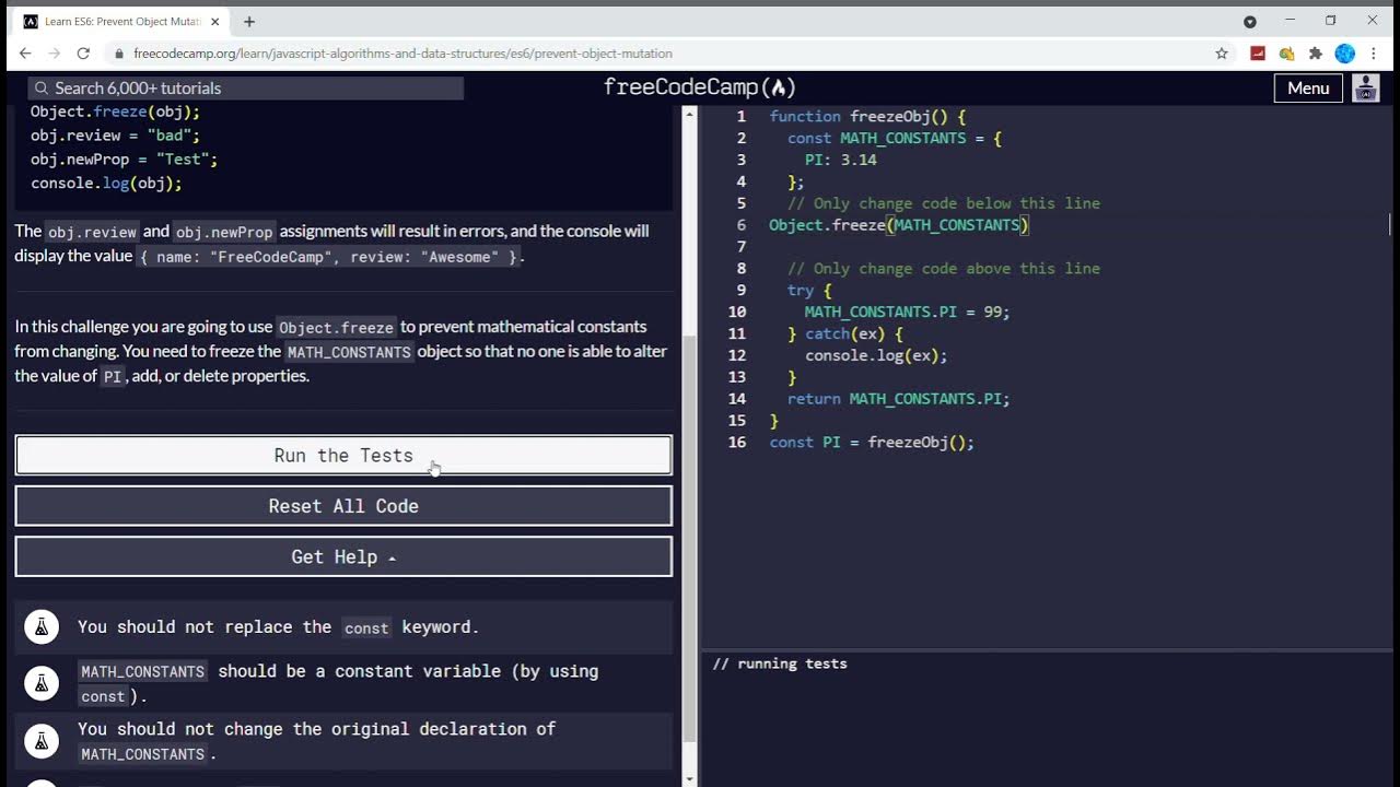 Learn Es6 5 31 Prevent Object Mutation Freecodecamp Youtube