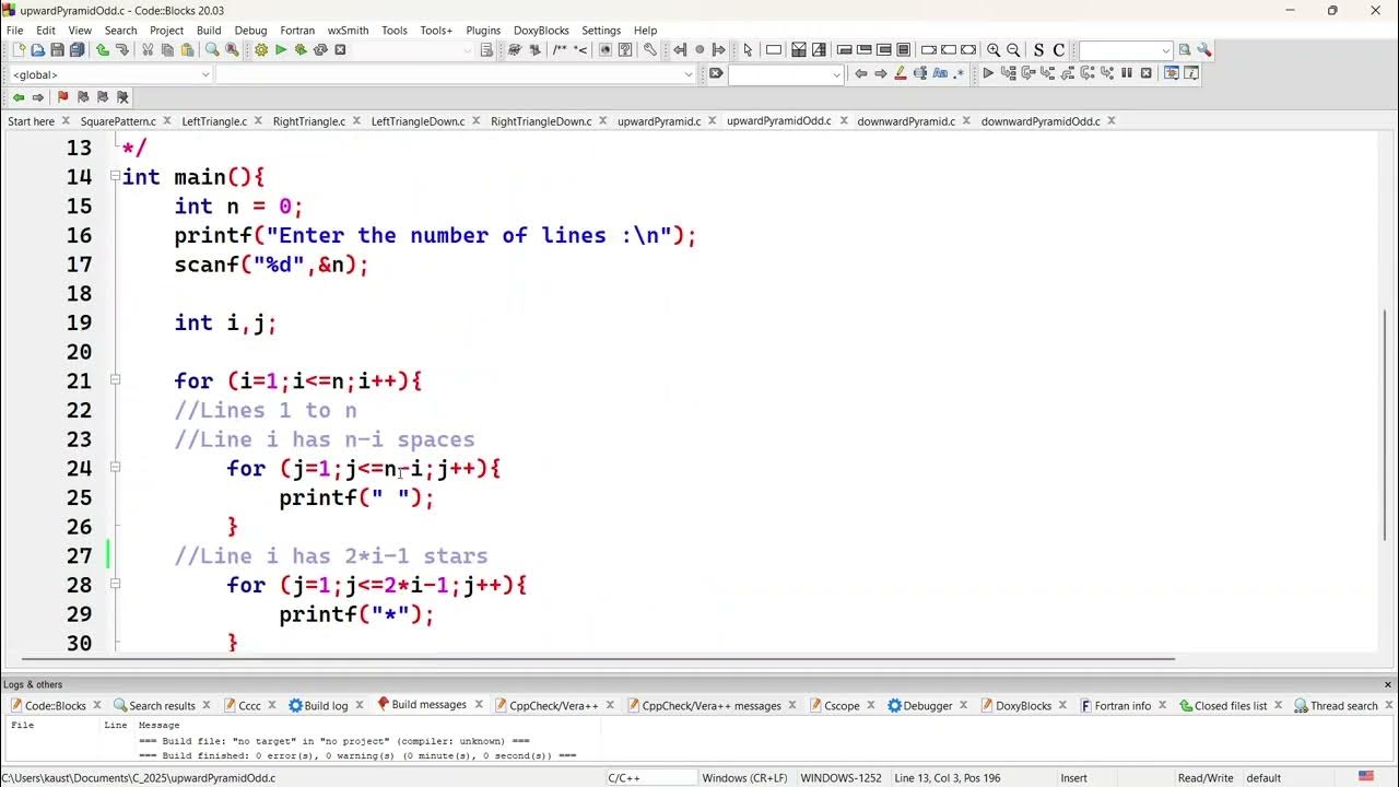 Downward Pyramid Pattern with odd number of stars using nested loops in C - YouTube