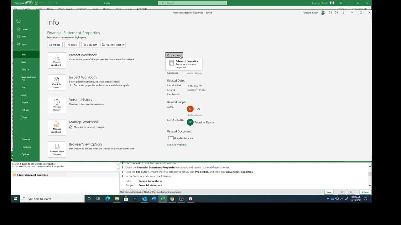 Excel Lesson 8d Accessing Workbook Properties - YouTube