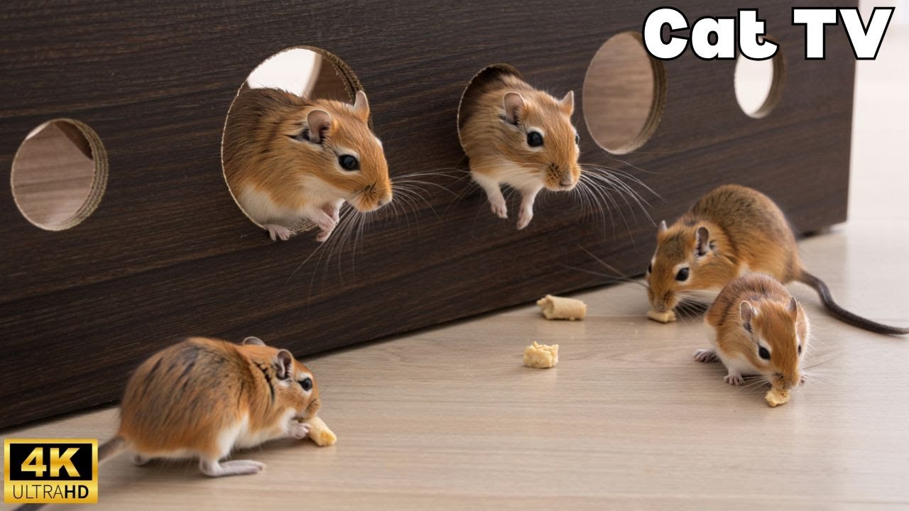 3 Hour Cat TV: Mice Hide & seek, Squeak & Play in Wood Hole Maze ...
