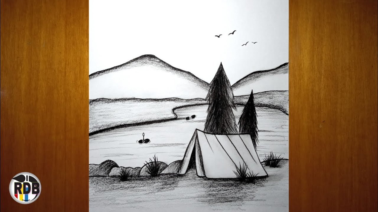 How to Draw a Camping Tent | Pencil Drawing of Camping Scenery | Step ...