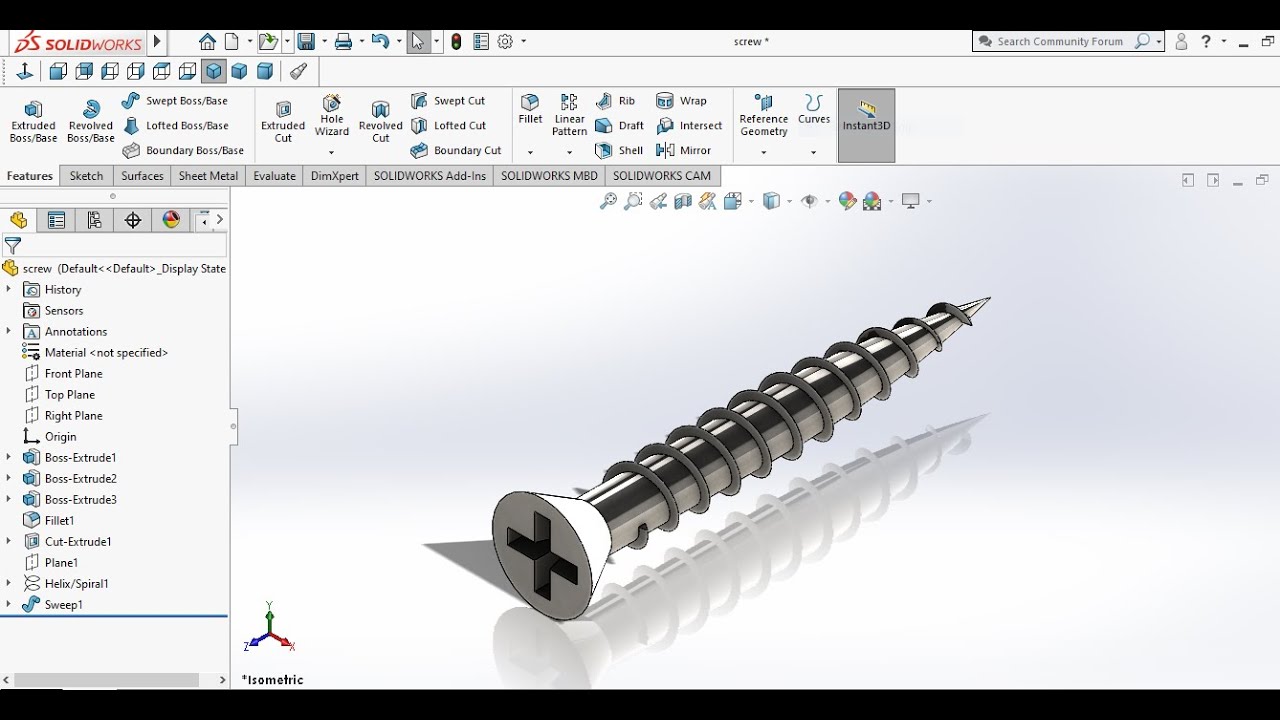 SolidWorks Tutorial -- Making of Screw in 3d | Learn SolidWorks - YouTube