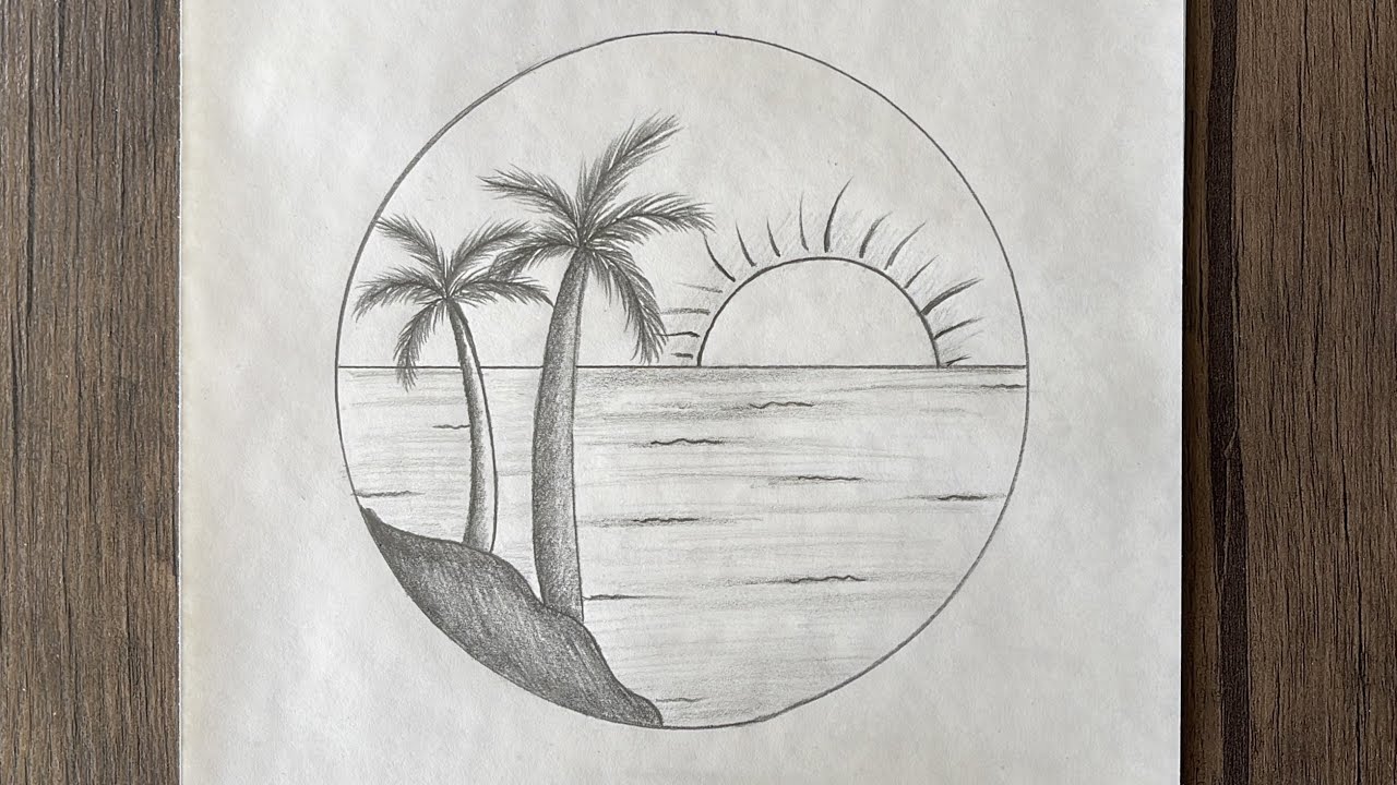 Beach scenery drawing in a circle easy - YouTube
