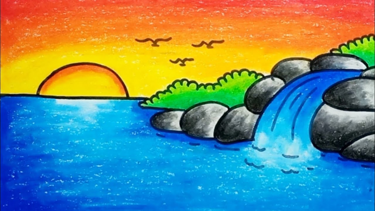How To Draw Waterfall Scenery Easy With Oil Pastels |Drawing Easy ...