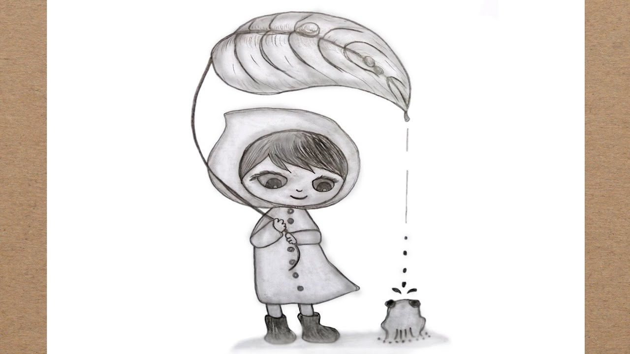 How to draw a girl with a frog holding a leaf in the rain | Girl ...