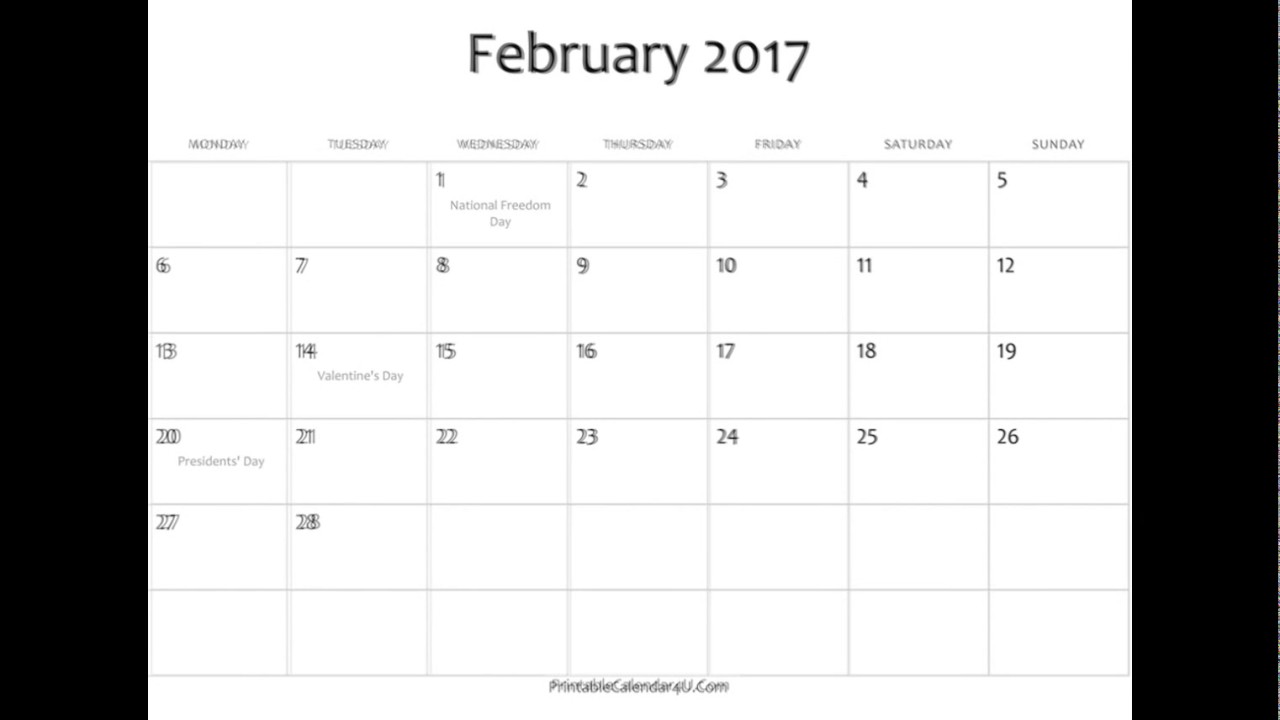 February 2017 Calendar Printable with Holidays in Word, PDF - YouTube