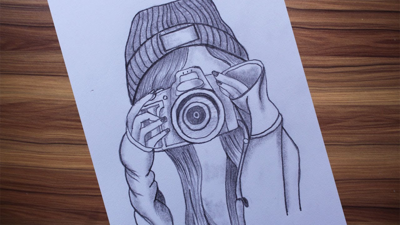 Beautiful girl drawing with camera || How to draw a girl taking a photo ...