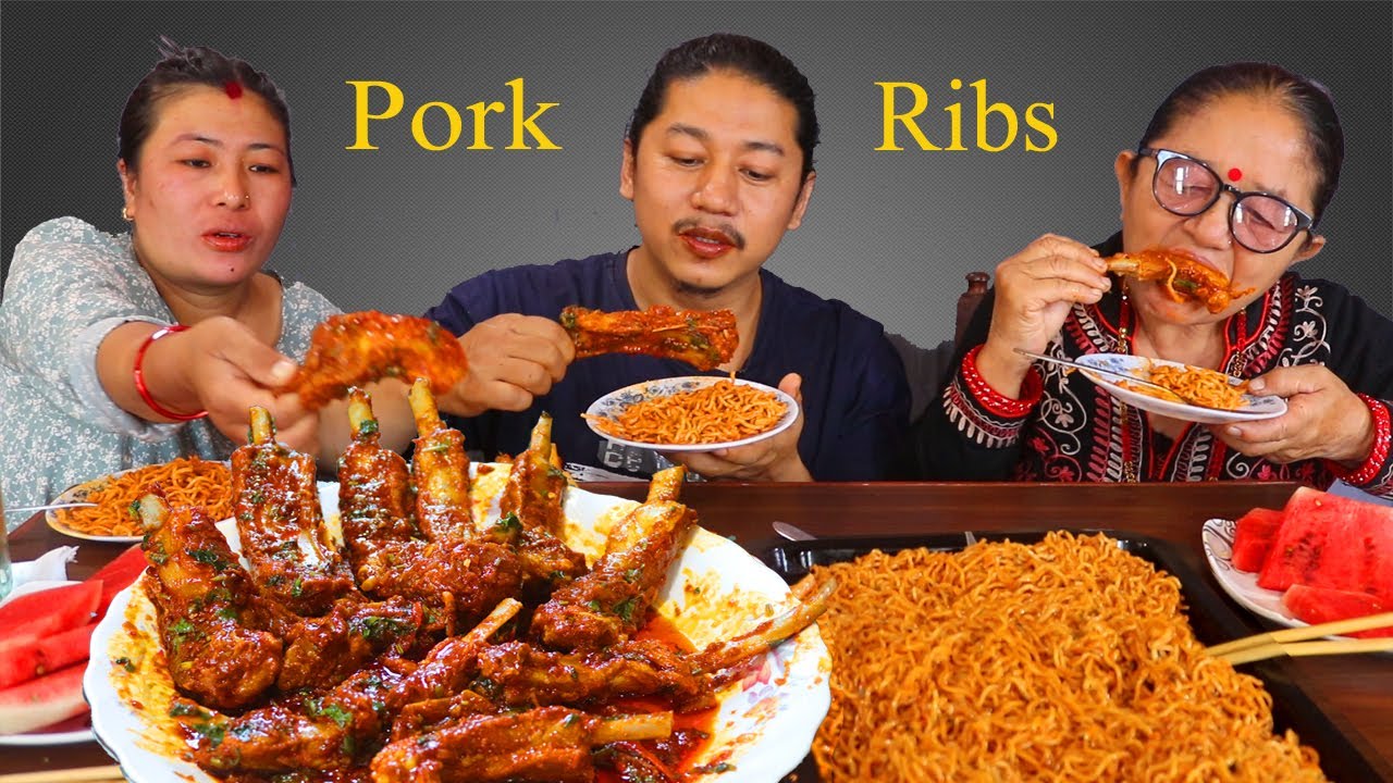 Spicy Pork Ribs, 5 korean ramen, 2kg water melon | Mukbang - YouTube