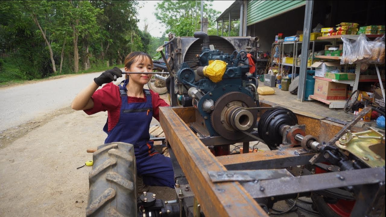 Repair and restore 1000kg truck. Position the transmission and install ...