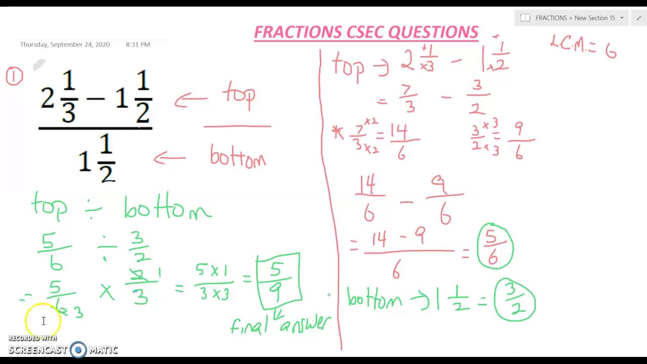 Fractions CSEC Type Questions - YouTube