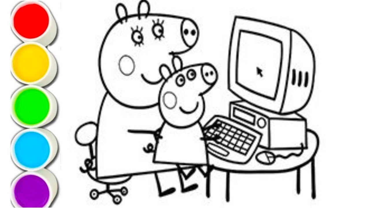 Daddy Peppa pig & George pig Working in Computer Drawing Colouring for ...