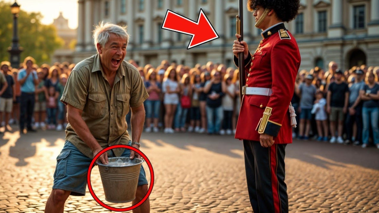 Tourist with a bucket tries to splash a guardsman, but ends up soaked ...