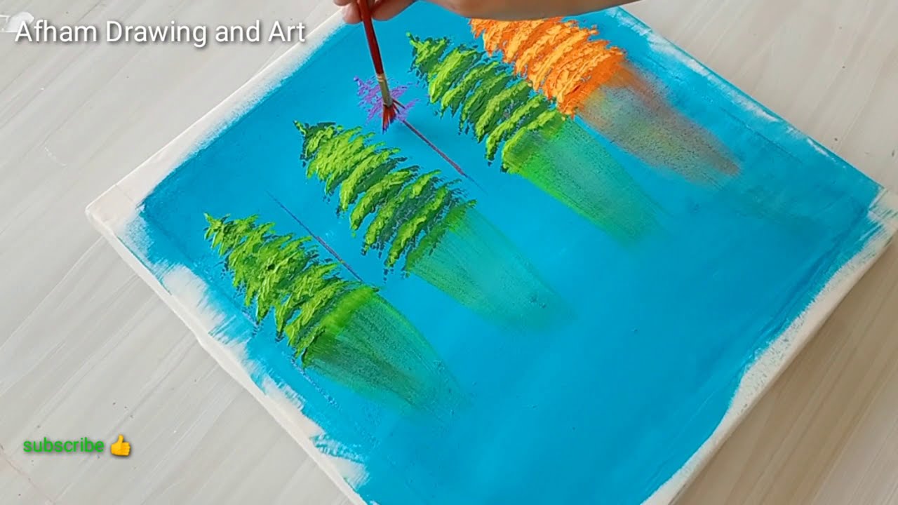 Acrylic Painting#28 How to paint trees and lake and water lily using ...