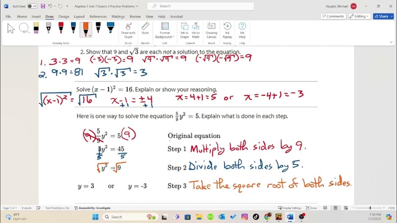 Algebra 1 Unit 7 Lesson 3 Practice Problems - YouTube