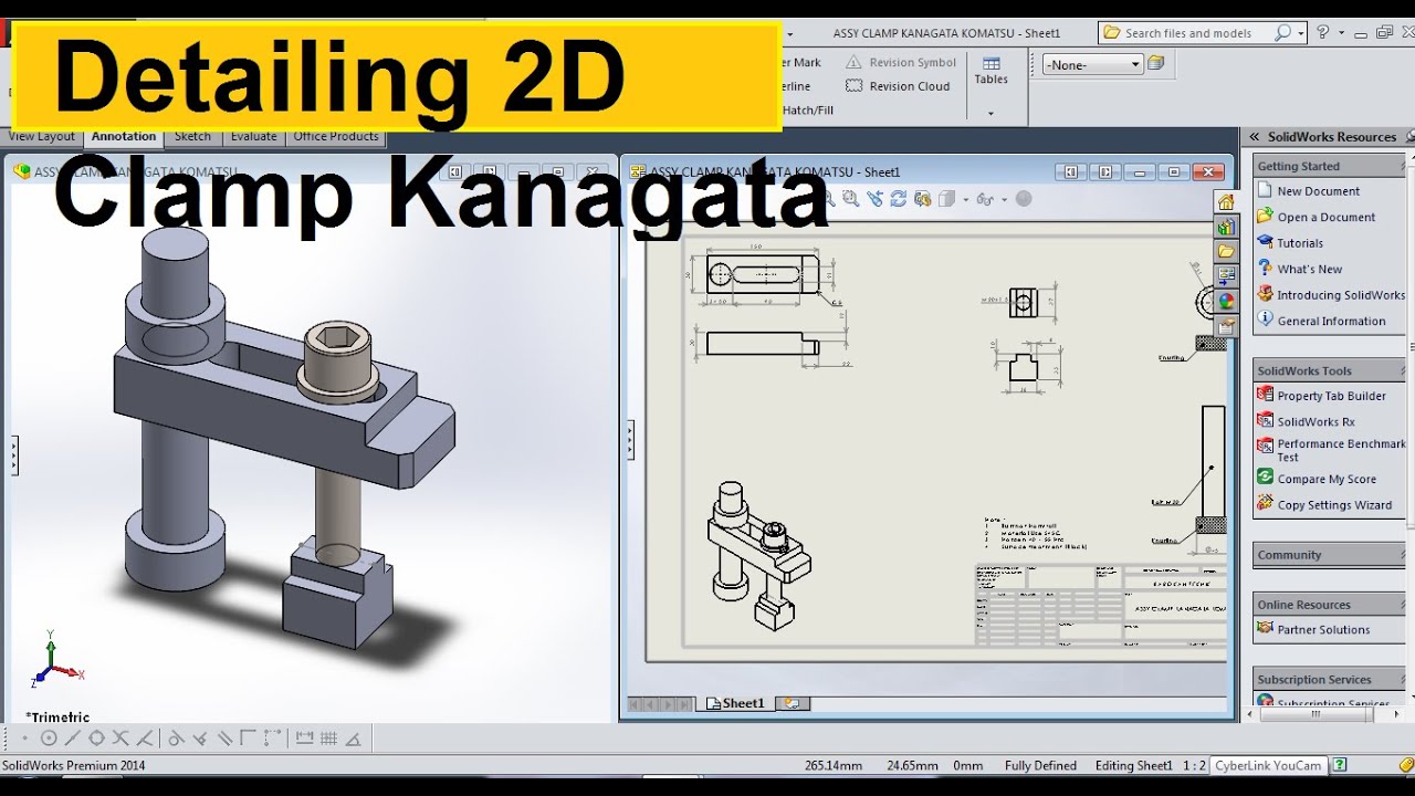 SOLIDWORKS DRAWING DETAILING 2D - CLAMP KANAGATA, CLAMP MOLD - YouTube