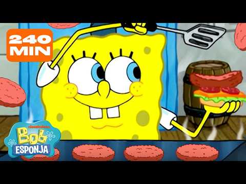 Bob Esponja | 4 horas de Bob Esponja en el Crustáceo Cascarudo 🍔 | Bob Esponja en Español