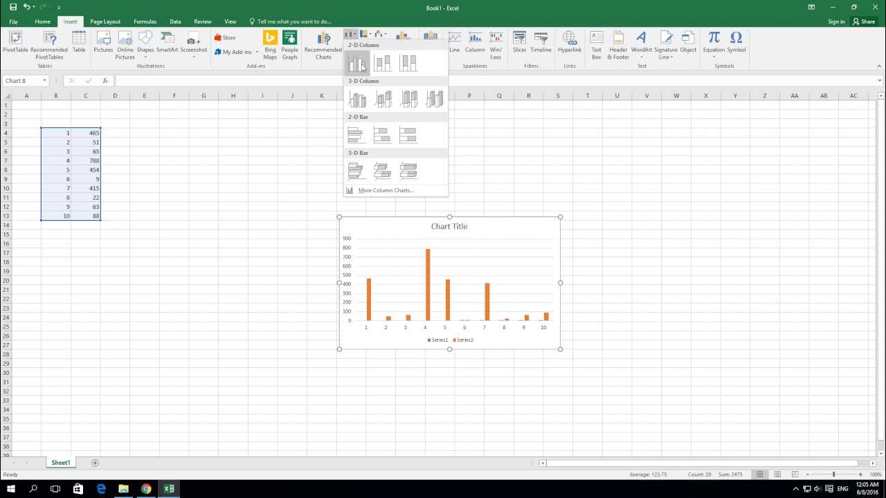 How to create a 2D column Chart in excel 2016 - YouTube