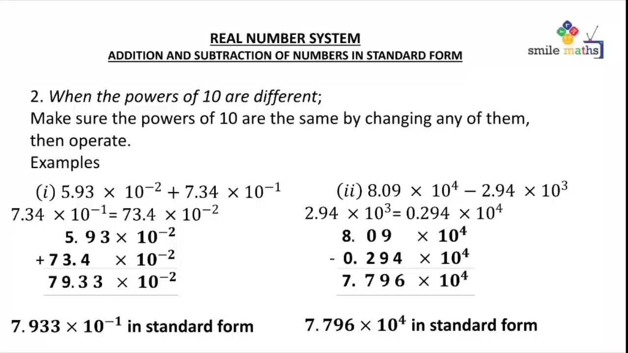 Addition And Subtraction Of Numbers In Standard Form Real Number Addition And Subtraction Of Numbers In Standard Form Real Number