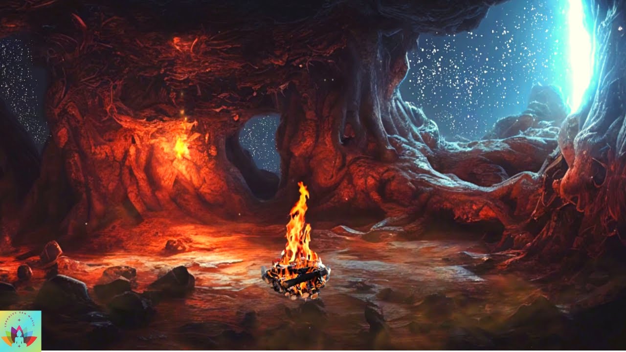 Cozy Campfire in Cave with Snow Ambience | Fire Crackling Sounds | As ...