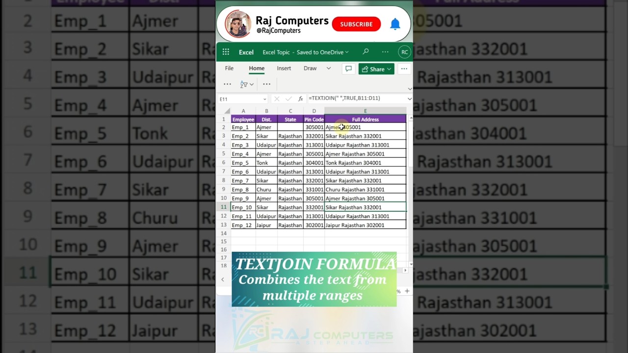 Combines The Text From Multiple Ranges In Excel Textjoin Formula Raj Computers Raj Sir 5159