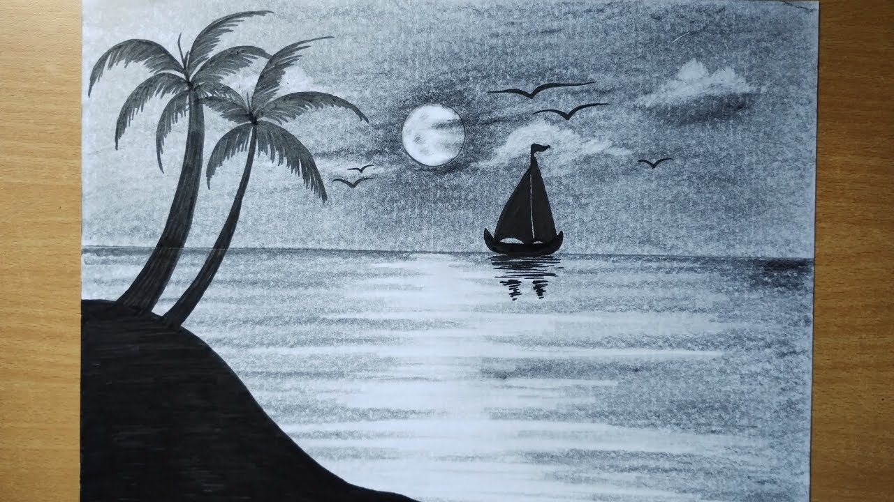 easy nature scenery drawing || ocean beach scenery drawing step by step ...