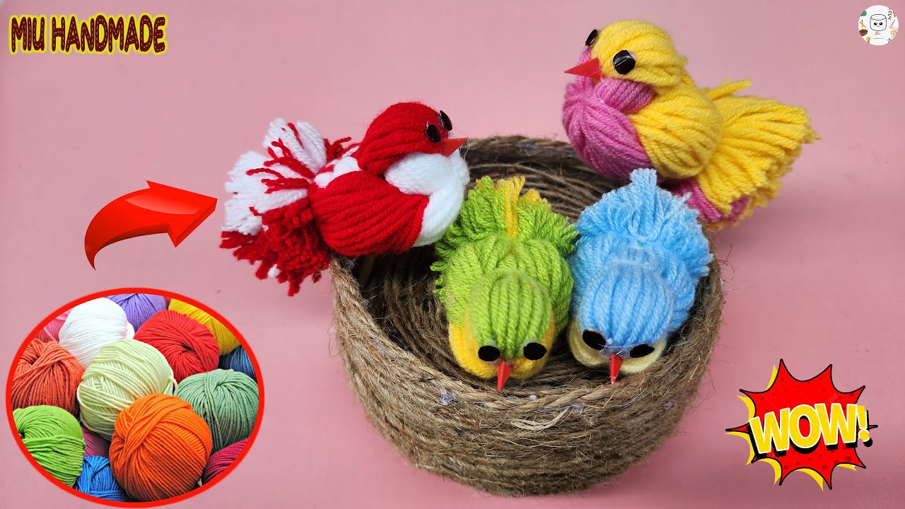 So cute ️.The idea of making a bird is super easy with yarn and ...