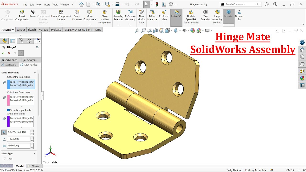 Hinge Mate in SolidWorks Assembly - YouTube