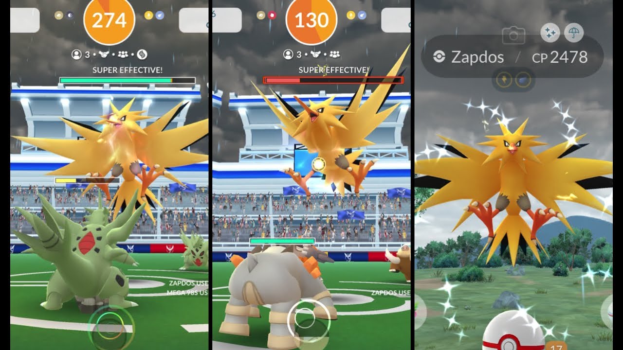 Shiny Zapdos Raid with Mega Tyranitar in Pokémon GO: 3 Trainers, Trio ...