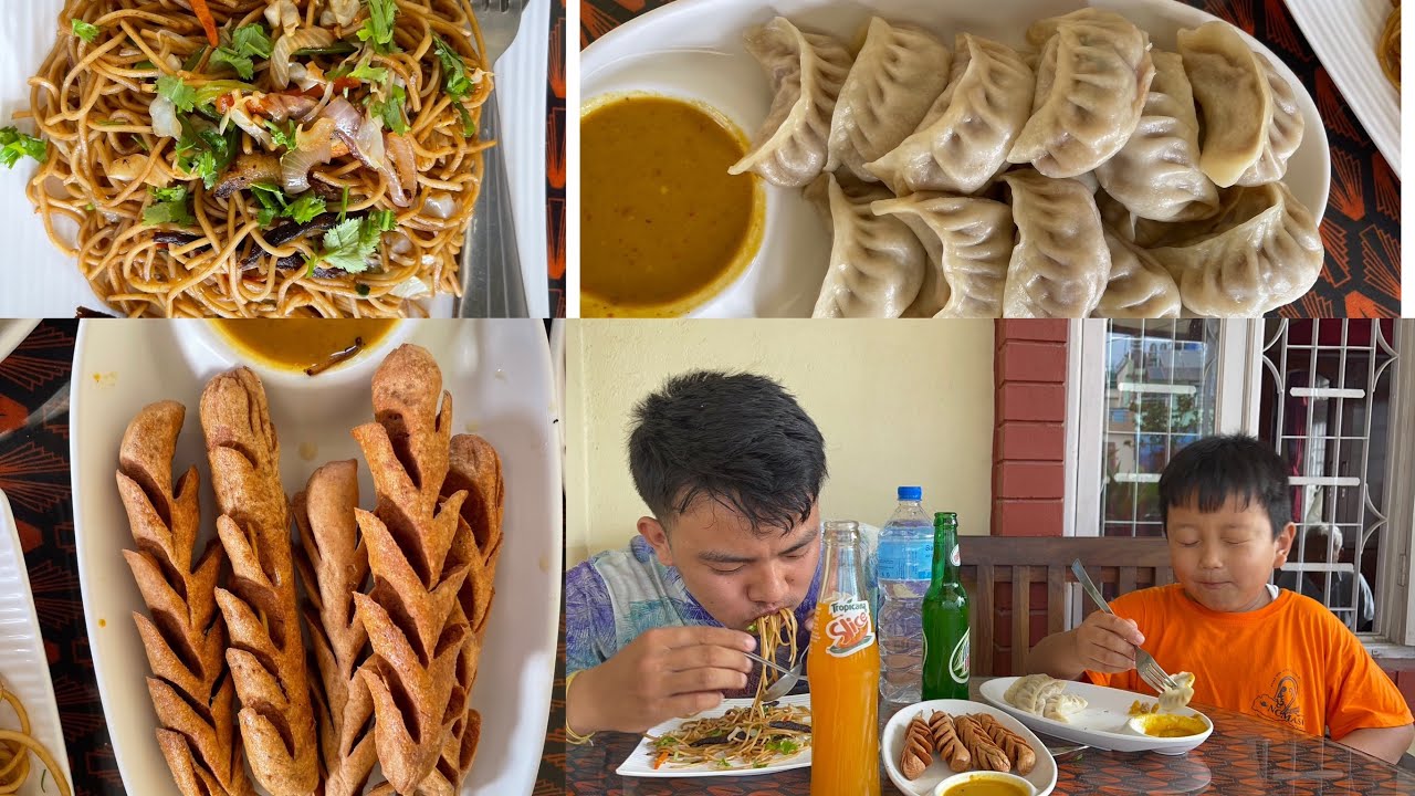 Chicken momo ,buff chowmin,buff sausage,slice and dew challenge 😅😂 ...