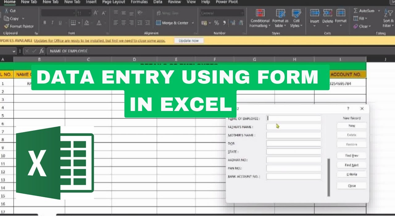 How To Create A Data Entry Using Form In Excel I Data Entry I Youtube