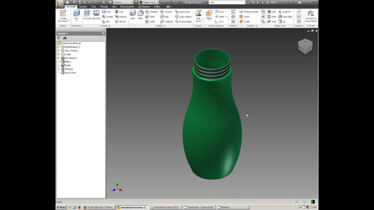 Inventor 3D Introduction Bottle Tutorial Part 1 - YouTube