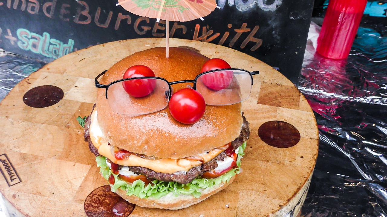 Massive Burger Cooked by a Chef With a Very Funny Hat. London Street ...