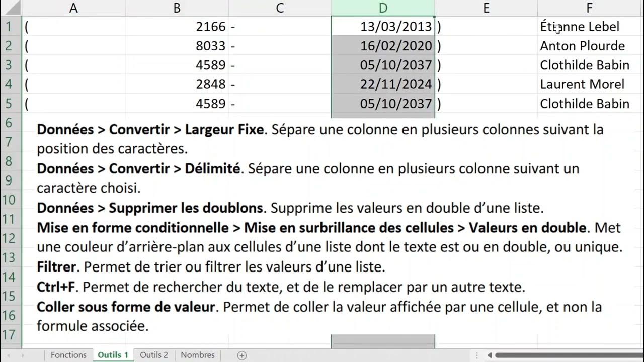 Fonctions, Outils, Techniques pour Manipuler des Données avec Excel ...