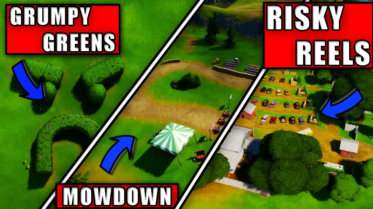 "Visit Grumpy Greens, Mowdown, and Risky Reels" Fortnite Challange ...