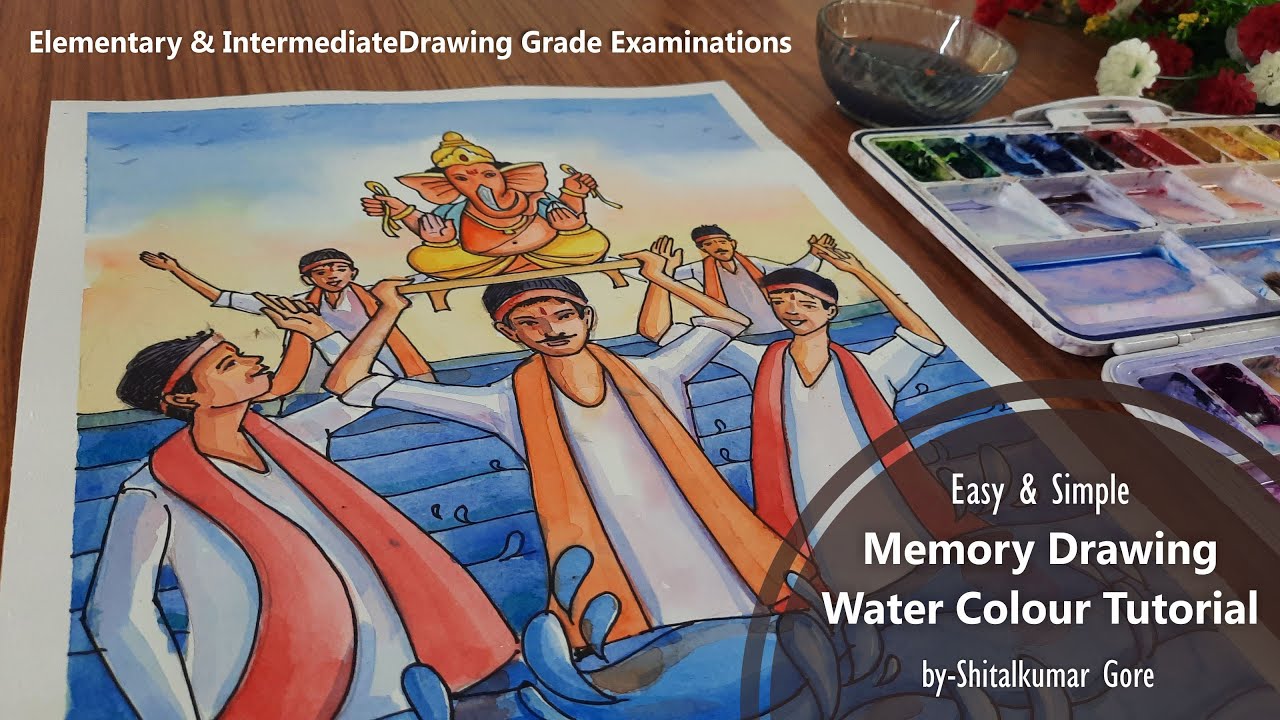 Memory Drawing Water Color Tutorial, How to color Ganapati Visarjan ...