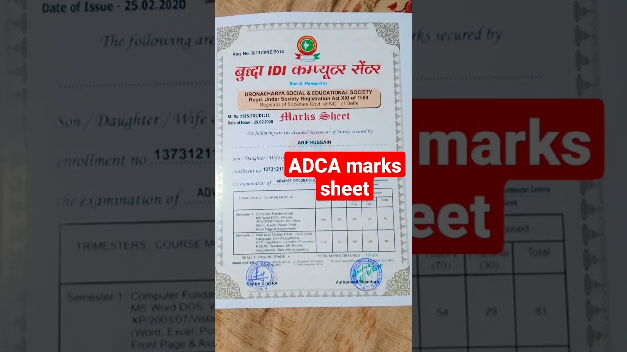 ADCA Marks Sheet | youtube short video - YouTube
